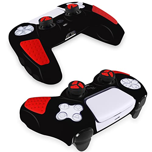 SIKEMAY PS5 Controller Cover Skin, Anti-Slip Thicken Silicone Protective Cover Case Perfectly Compatible with Playstation 5 Dualsense Controller Grip with 10 x Thumb Grip Caps (Black-Red)