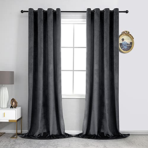 VANASEE Dark Grey Velvet Curtains for Bedroom - Blackout Curtains Room Darkening Drapes Window Treatment for Living Room with Grommet, 2 Panels(W52 x L90 Inch, Dark Grey)