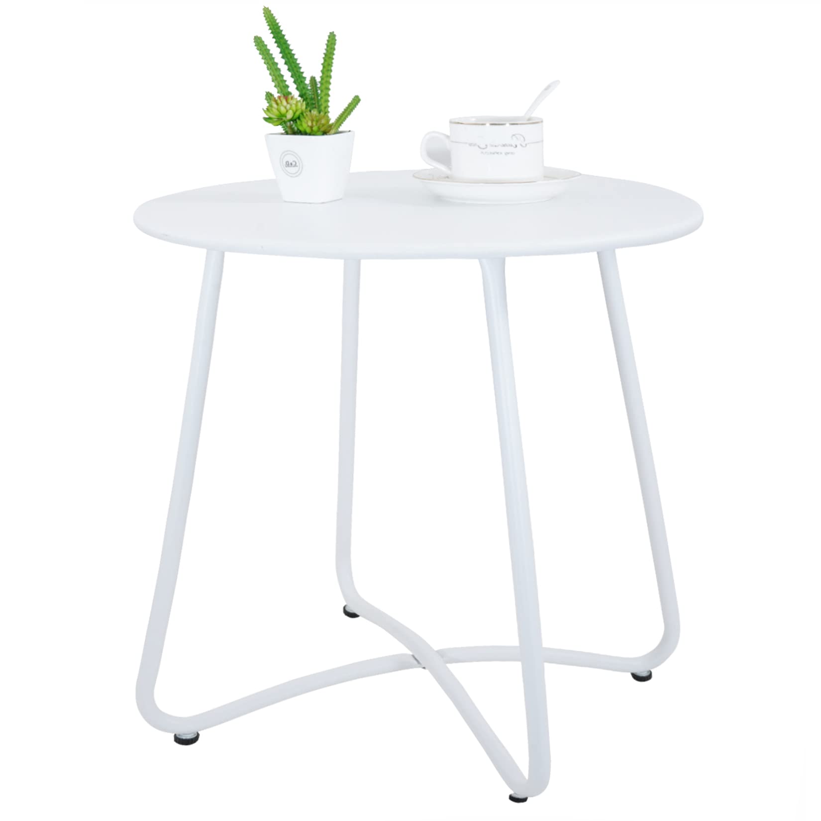 CaiFang Patio Side Table, Outdoor Metal End Table Small Round Side Table Waterproof Portable Coffee Table for Garden, Porch, Balcony, Yard, White