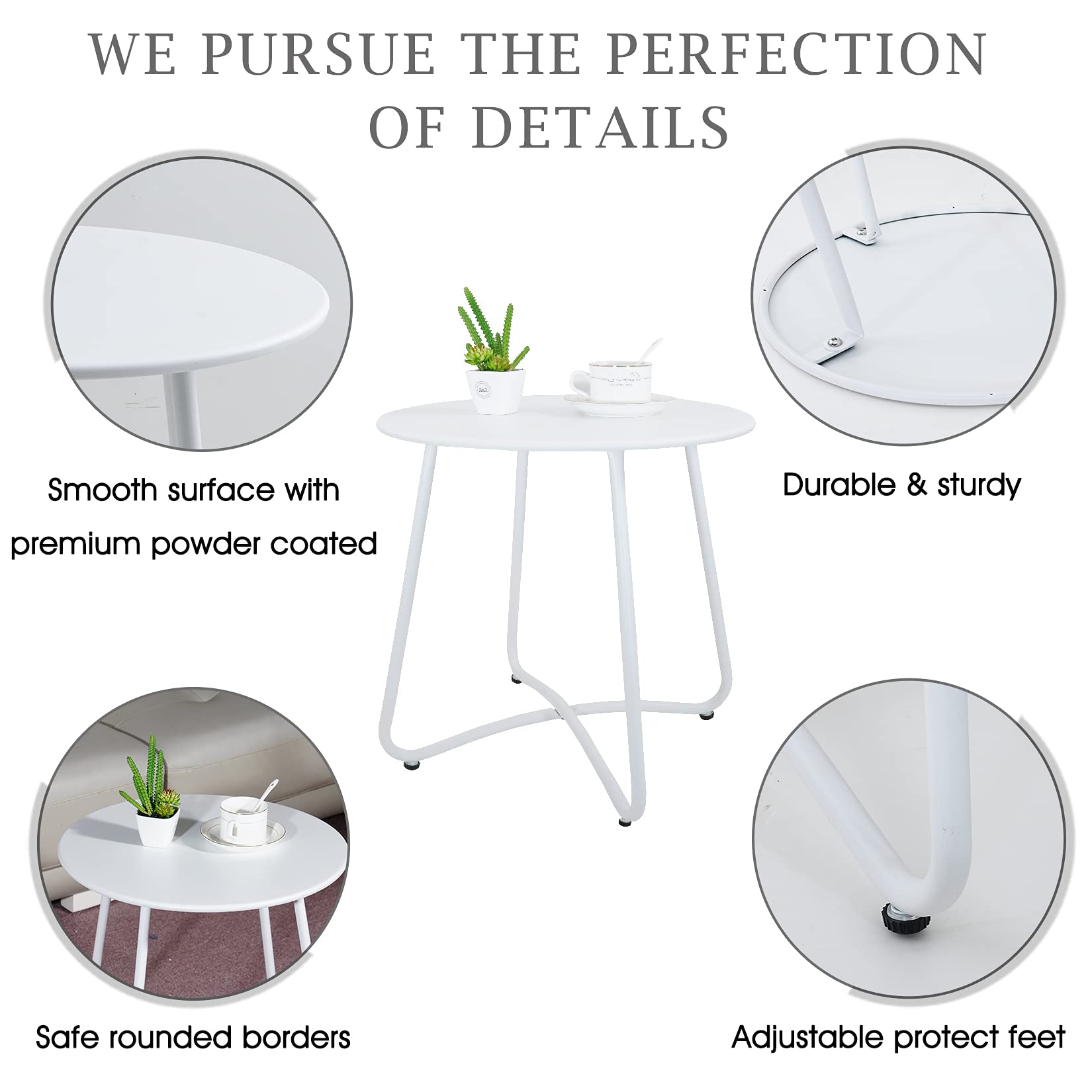 CaiFang Patio Side Table, Outdoor Metal End Table Small Round Side Table Waterproof Portable Coffee Table for Garden, Porch, Balcony, Yard, White