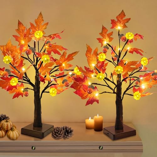 [ Timer ] 2 Pack 22 Inch Prelit Lighted Maple Tree Fall Halloween Decor Fall Tree 48 LEDs Battery Operated 12 Exclusive Patent Pumpkins 12 Acorns Orange Red Maple Tree Thanksgiving Decor Indoor Home