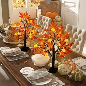 [ Timer ] 2 Pack 22 Inch Prelit Lighted Maple Tree Fall Halloween Decor Fall Tree 48 LEDs Battery Operated 12 Exclusive Patent Pumpkins 12 Acorns Orange Red Maple Tree Thanksgiving Decor Indoor Home