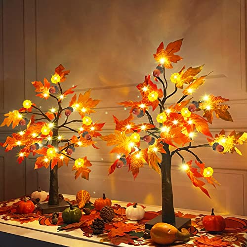 [ Timer ] 2 Pack 22 Inch Prelit Lighted Maple Tree Fall Halloween Decor Fall Tree 48 LEDs Battery Operated 12 Exclusive Patent Pumpkins 12 Acorns Orange Red Maple Tree Thanksgiving Decor Indoor Home