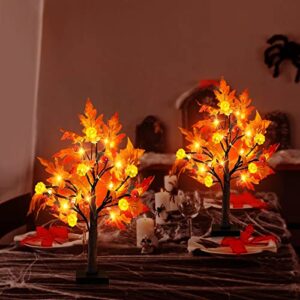 [ Timer ] 2 Pack 22 Inch Prelit Lighted Maple Tree Fall Halloween Decor Fall Tree 48 LEDs Battery Operated 12 Exclusive Patent Pumpkins 12 Acorns Orange Red Maple Tree Thanksgiving Decor Indoor Home