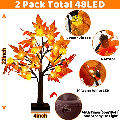 [ Timer ] 2 Pack 22 Inch Prelit Lighted Maple Tree Fall Halloween Decor Fall Tree 48 LEDs Battery Operated 12 Exclusive Patent Pumpkins 12 Acorns Orange Red Maple Tree Thanksgiving Decor Indoor Home