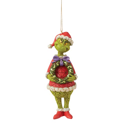 Enesco Jim Shore Dr. Seuss The Grinch Holding Wreath Hanging Ornament, 5.12 Inch, Multicolor for Christmas