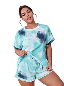 makemechic women plus size 2 piece pajamas sets tie dye short sleeve top & shorts loungewear sleepwear blue x-large