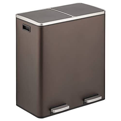 mDesign Metal Steel 16 Gallon/60-Liter, Large Dual Compartment Step Trash Can; Double Bin Trash Can/Recycler Combo for Kitchen; Holds Garbage, Recycling; Features Two Removable Liner Buckets - Bronze