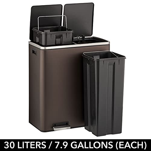 mDesign Metal Steel 16 Gallon/60-Liter, Large Dual Compartment Step Trash Can; Double Bin Trash Can/Recycler Combo for Kitchen; Holds Garbage, Recycling; Features Two Removable Liner Buckets - Bronze