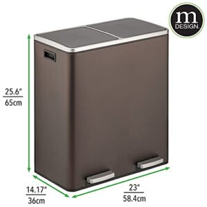 mDesign Metal Steel 16 Gallon/60-Liter, Large Dual Compartment Step Trash Can; Double Bin Trash Can/Recycler Combo for Kitchen; Holds Garbage, Recycling; Features Two Removable Liner Buckets - Bronze