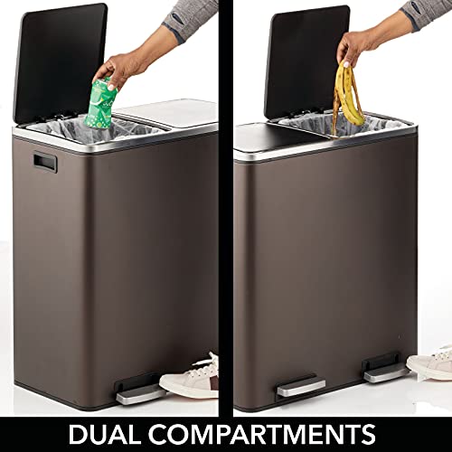 mDesign Metal Steel 16 Gallon/60-Liter, Large Dual Compartment Step Trash Can; Double Bin Trash Can/Recycler Combo for Kitchen; Holds Garbage, Recycling; Features Two Removable Liner Buckets - Bronze