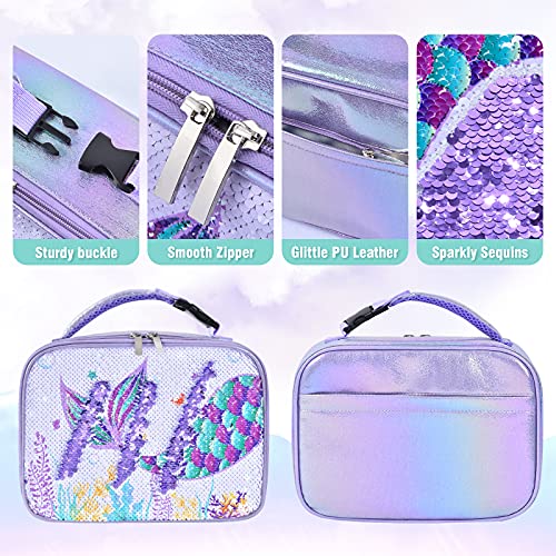 WERNNSAI Mermaid Lunch Box - Insulated Sequins Lunch Box for Girls Kids School Lunch Bag Preschool Kindergarten Elementary Picnic Thermal Lunch Tote Boxes with Handle Pocket and Bottle Pocket