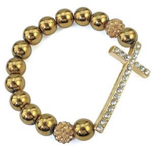 bocar metal plated sideways crystal cross bangle charm beads stretch bracelet(zp-gold hematite)