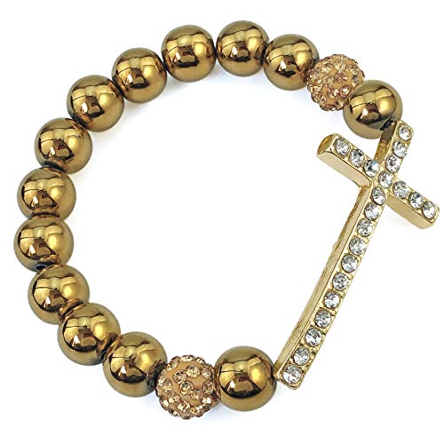 BOCAR Metal Plated Sideways Crystal Cross Bangle Charm Beads Stretch Bracelet(ZP-gold hematite)