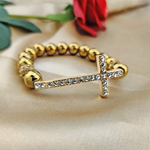 BOCAR Metal Plated Sideways Crystal Cross Bangle Charm Beads Stretch Bracelet(ZP-gold hematite)