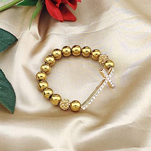 BOCAR Metal Plated Sideways Crystal Cross Bangle Charm Beads Stretch Bracelet(ZP-gold hematite)