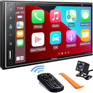 double din car stereo compatible with apple carplay, 7 inch full hd capacitive touchscreen - bluetooth, mirror link, backup camera, steering wheel, subwoofer, usb/sd port, a/v input, fm/am car radio