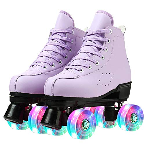 Roller Skates for Women PU Leather High-top Roller Skates Four-Wheel Roller Skates Girl Indoor Outdoor Skating Shoes (Purple with Flash Wheel,6 M US=37)