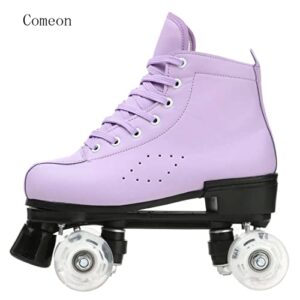 Roller Skates for Women PU Leather High-top Roller Skates Four-Wheel Roller Skates Girl Indoor Outdoor Skating Shoes (Purple with Flash Wheel,6 M US=37)