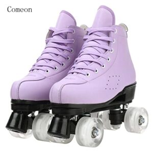 Roller Skates for Women PU Leather High-top Roller Skates Four-Wheel Roller Skates Girl Indoor Outdoor Skating Shoes (Purple with Flash Wheel,6 M US=37)