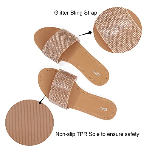 REDTOP Women's Slip on Sandals Slide Glitter Bling Casual Sandal Flat Open Toe Sparkle Slides Rose Gold Size 9