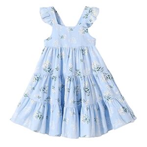 younger tree toddler girls outfits floral flutter sleeve princess dress summer clothes line skirts for girls(3-4t,blue floral)