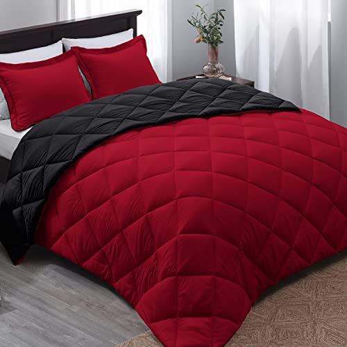 Basic Beyond King Size Comforter Set - Red and Black Comforter Set King, Reversible King Bed Comforter Set for All Seasons, 1 Comforter (104"x92") and 2 Pillow Shams (20"x36"+2")