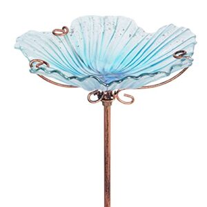 mumtop glass bird bath - bird baths for outdoors, bird bath bowl outdoor bird feeder with metal stake transparent flower blue color for garden lawn yard decor