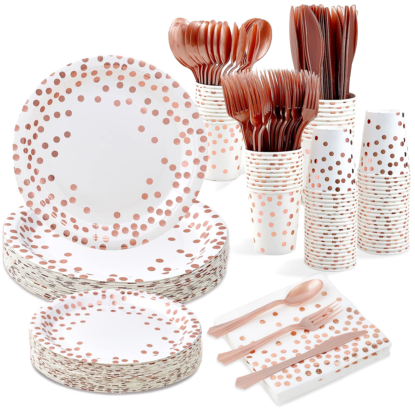 White and Rose Gold Party Supplies - 350 PCS Disposable Dinnerware Set - White Paper Plates Napkins Cups, Gold Plastic Forks Knives Spoon for Graduation, Birthday, Cocktail Party