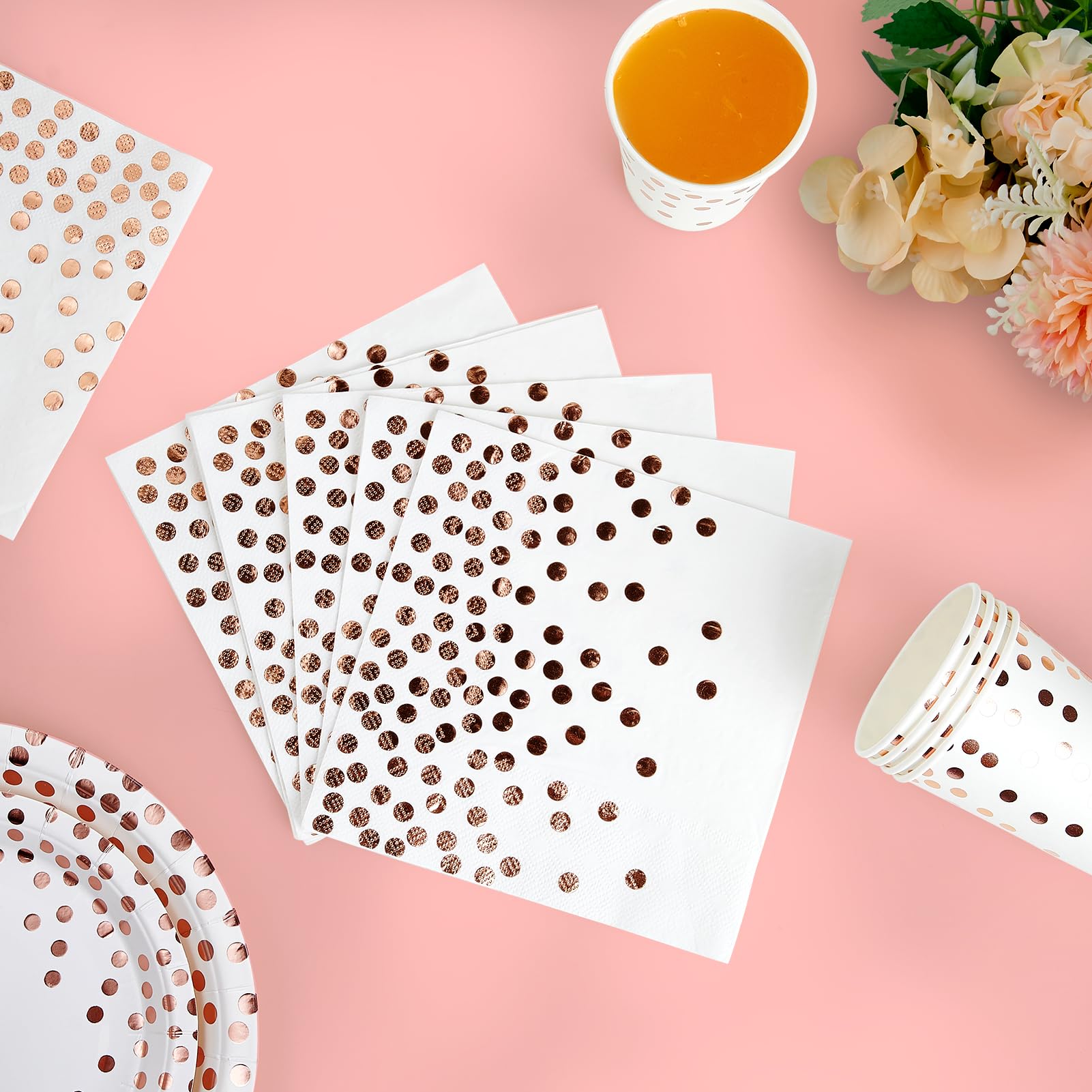 White and Rose Gold Party Supplies - 350 PCS Disposable Dinnerware Set - White Paper Plates Napkins Cups, Gold Plastic Forks Knives Spoon for Graduation, Birthday, Cocktail Party