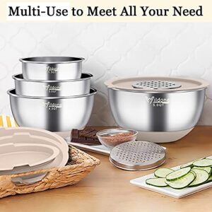 Wildone Mixing Bowls with Airtight Lids, 22 PCS Stainless Steel Mixing Bowls Set, 3 Grater Attachments, Measurement Marks & Non-Slip Bottom, Size 5, 4, 3, 2,1.5, 0.63QT, Ideal for Mixing & Prepping