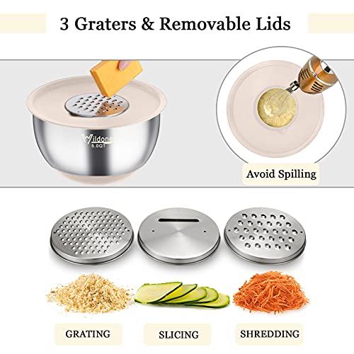 Wildone Mixing Bowls with Airtight Lids, 22 PCS Stainless Steel Mixing Bowls Set, 3 Grater Attachments, Measurement Marks & Non-Slip Bottom, Size 5, 4, 3, 2,1.5, 0.63QT, Ideal for Mixing & Prepping