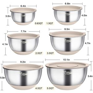 Wildone Mixing Bowls with Airtight Lids, 22 PCS Stainless Steel Mixing Bowls Set, 3 Grater Attachments, Measurement Marks & Non-Slip Bottom, Size 5, 4, 3, 2,1.5, 0.63QT, Ideal for Mixing & Prepping