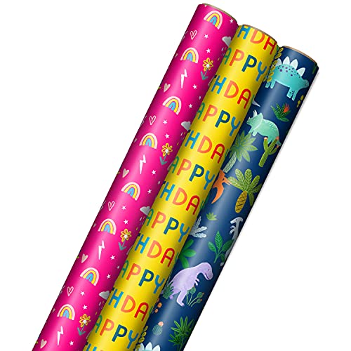 Hallmark Kids Birthday Wrapping Paper (3 Rolls: 75 sq. ft. ttl) Pink Rainbows, Blue Dinosaurs, Yellow "Happy Birthday"