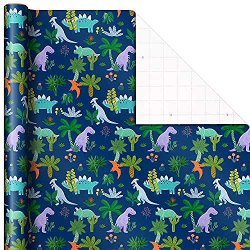 Hallmark Kids Birthday Wrapping Paper (3 Rolls: 75 sq. ft. ttl) Pink Rainbows, Blue Dinosaurs, Yellow "Happy Birthday"