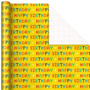 Hallmark Kids Birthday Wrapping Paper (3 Rolls: 75 sq. ft. ttl) Pink Rainbows, Blue Dinosaurs, Yellow "Happy Birthday"