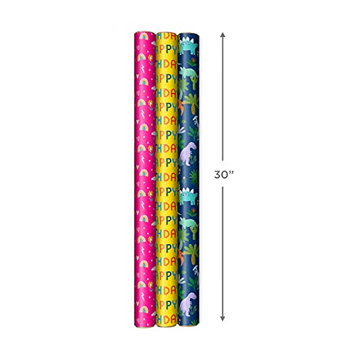 Hallmark Kids Birthday Wrapping Paper (3 Rolls: 75 sq. ft. ttl) Pink Rainbows, Blue Dinosaurs, Yellow "Happy Birthday"