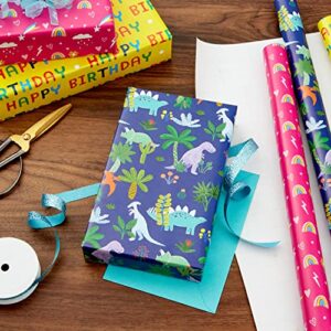 Hallmark Kids Birthday Wrapping Paper (3 Rolls: 75 sq. ft. ttl) Pink Rainbows, Blue Dinosaurs, Yellow "Happy Birthday"