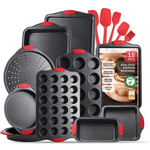 baking pan set, 15 piece premium nonstick bakeware sets bpa free, cookie sheets nonstick steel baking sheets for oven with muffin pan, cake pan & kitchen utensils - black