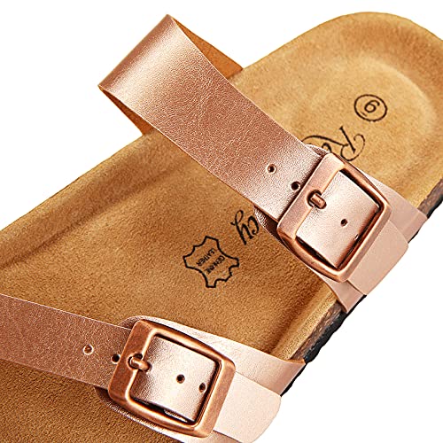 Real Fancy Women's Cork Footbed Sandals with Adjustable Crisscrossing Straps - Slip on Slide Sandals for Women/Ladies, Low Heel Arch Support (Gold,9)