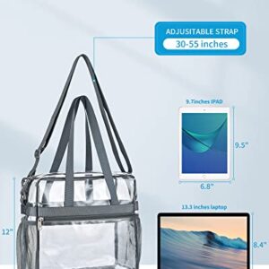 Paxiland Clear Bag Stadium Approved 12x6x12, Clear Stadium Bag for Women and Men, Clear Tote Bag Stadium Approved for Concert Work Festival Lunch, See Through Bag with Removable Straps - Grey