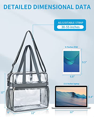 Paxiland Clear Bag Stadium Approved 12x6x12, Clear Stadium Bag for Women and Men, Clear Tote Bag Stadium Approved for Concert Work Festival Lunch, See Through Bag with Removable Straps - Grey