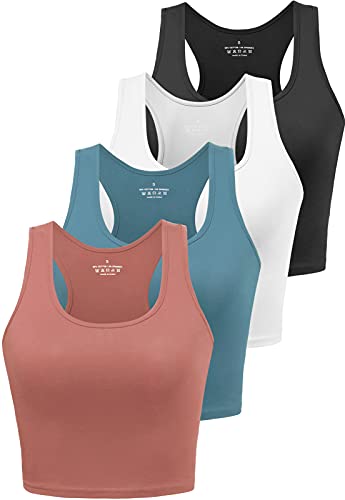 Joviren Cotton 4-Pack Crop Tank Tops for Women - Racerback Yoga, Athletic, Sports, Exercise Undershirts (Black/White/Blue/Red, XL)