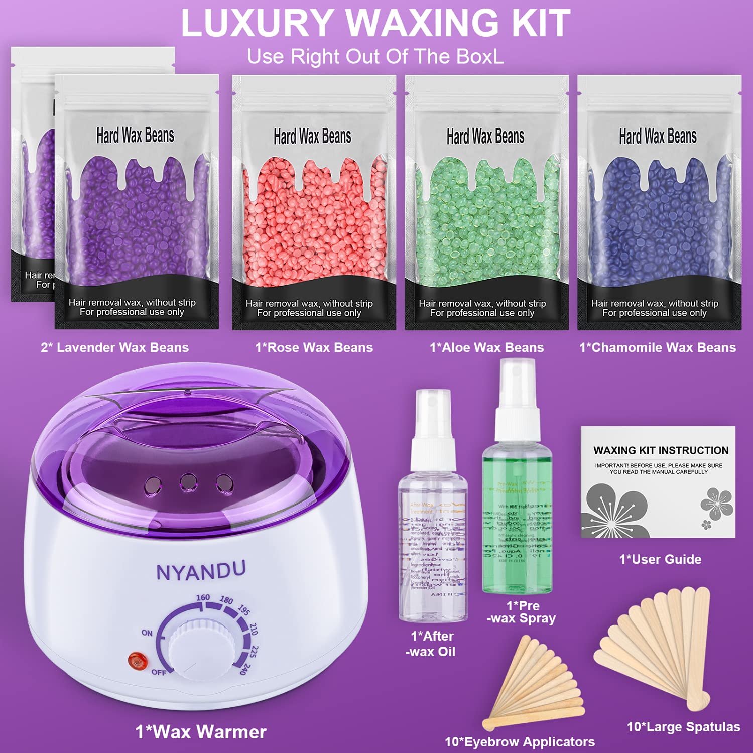 Waxing Kit for Women Men, NYANDU Wax Warmer for Hair Removal, 17.6 oz Wax Beads (5 Packs), Hard Wax Kit for Coarse Hair Facial Eyebrow Legs Armpit Bikini Brazilian, Professional Home Wax Machine