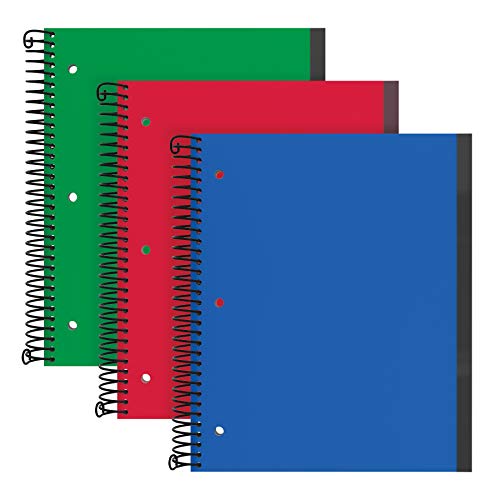 Oxford Spiral Notebook 3 Pack, 3 Subject, College Rule, Durable Plastic Covers, Strong Coil, 3 Pockets, 8.5 x 11, 150 Sheets, Blue, Red, Green (89803)