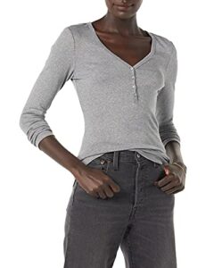 amazon essentials women's ribbed knit long sleeve henley slim fit t-shirt, grey heather, x-small