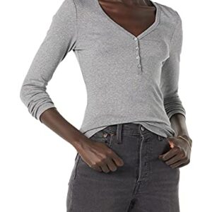 Amazon Essentials Women's Ribbed Knit Long Sleeve Henley Slim Fit T-Shirt, Grey Heather, X-Small