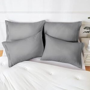 YIYEA Embroidered Pillow Cases Queen Size Set of 4, 1800 Thread Egyptian Quality Brushed Microfiber Bed Pillowcases with Envelope Closure, Wrinkle, Fade and Stain Resistant (20"x30", Grey)