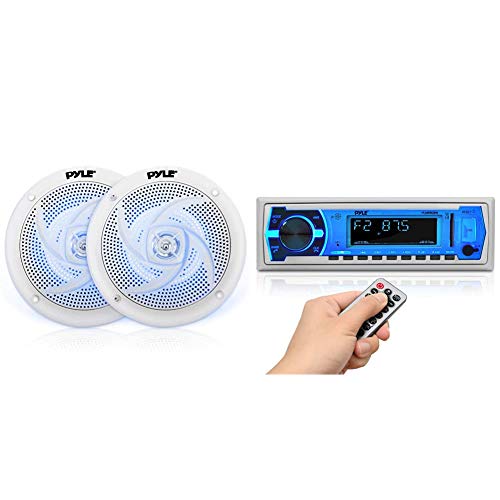 Pyle Marine Speakers - 5.25 Inch 2 Way Waterproof and Weather Resistant Outdoor Audio Stereo Sound System - 1 Pair & Marine Bluetooth Stereo Radio - 12v Single DIN Style Boat in Radio Receiver System