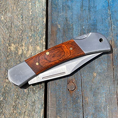 Rtek 3.75" Spanish Brown Wood Handle Pocket Knife, Lockback Traditional Folding Knife for Outdoor, Survival, EDC, Camping, and Every Day Carry, Gifts for Men